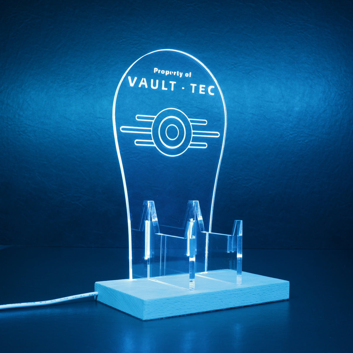 Vault Tec Led Headset Controller Stand Wooden Base - LED LAB CAVE